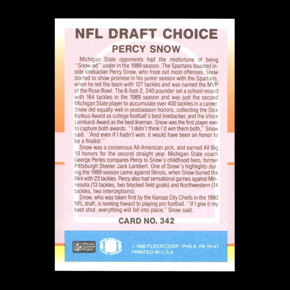 Percy Snow 1990 Fleer Rookie Michigan State Spartans #342 R325D 44 | eBay