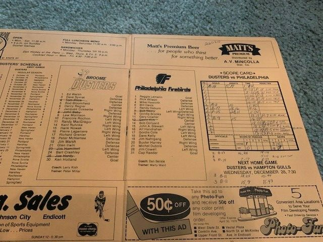 1977 Broome Dusters v Philadelphia Firebirds AHL Hockey Program 12/26 ...