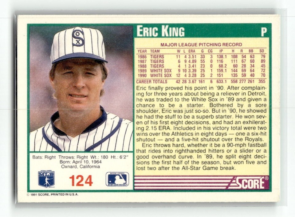 1991 Score Eric King #124 Chicago White Sox BASEBALL Card | eBay