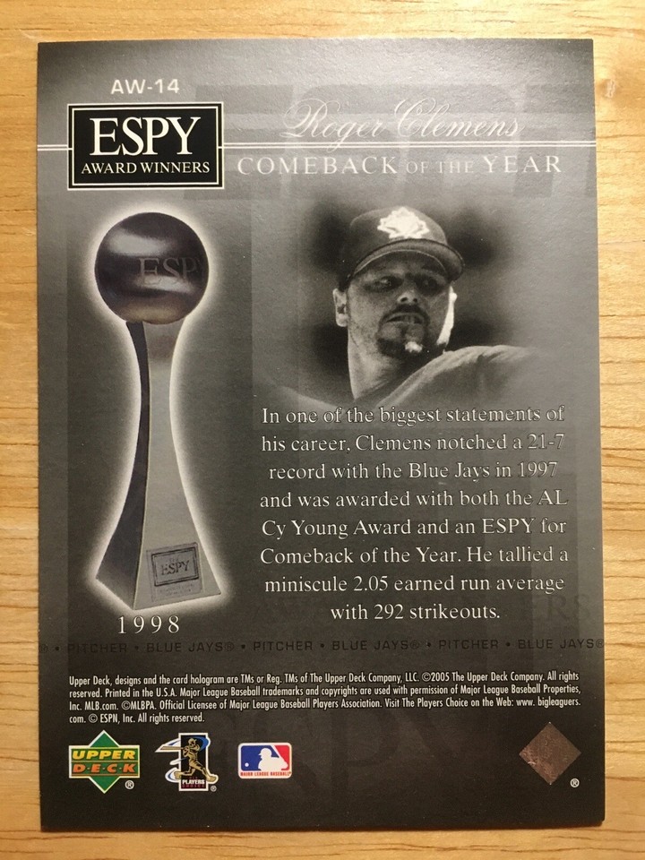 2005 Upper Deck ESPN Roger Clemens #AW-14 ESPY Award Winners | eBay
