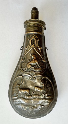EMPTY Antique 1800s Embossed Brass Hunting Scene Gun Powder Holder ...