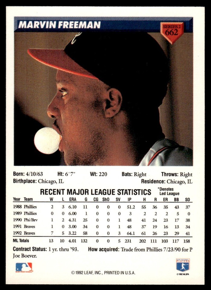 1993 Donruss Baseball Card Marvin Freeman Atlanta Braves #662 | eBay