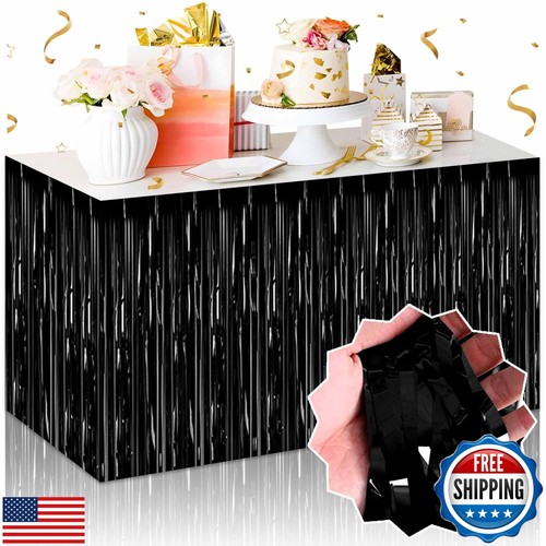 3 Pack 29 x108 Inch Black Foil Fringe Table Skirts Metallic Banner for ...