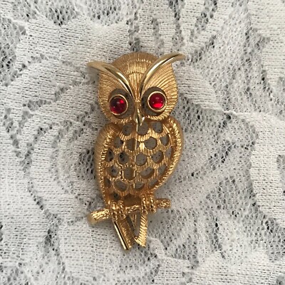 Avon Gold Tone Owl On Perch Lapel Pin Ruby Red Eyes Vintage | eBay
