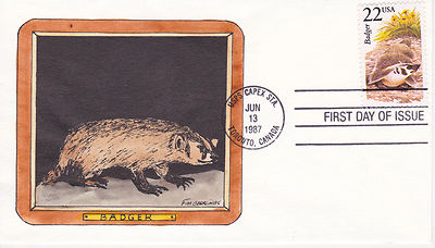 GEERLINGS HAND PAINTED FIRST DAY COVER FDC - 1987 BADGER 31/50 ANIMALS ...
