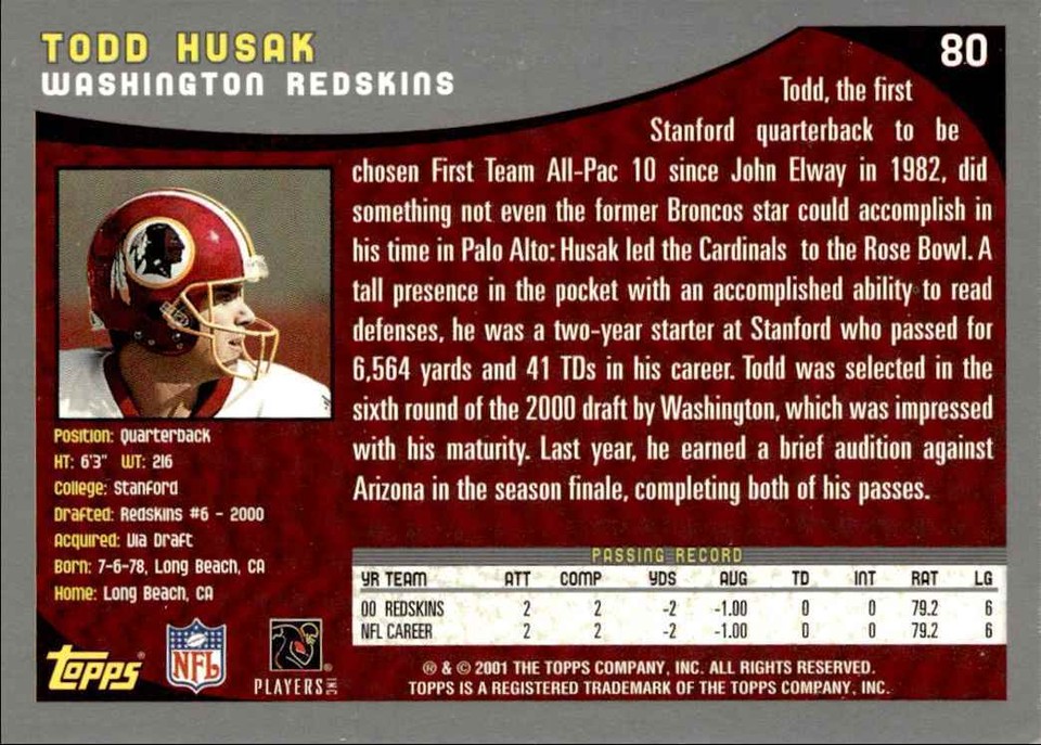 2001 TOPPS TODD HUSAK WASHINGTON REDSKINS #80 | eBay
