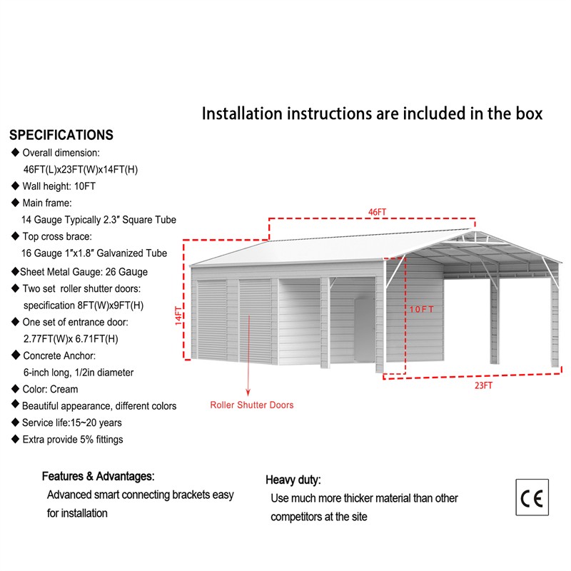 46' x 23'x 14' Steel Garage Shed Reinforced Metal Storage Building with ...