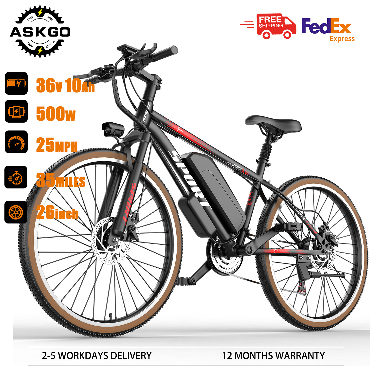 ASKGO 500W 26" Electric Bicycle Mountain Ebike 25MPH 45 Miles 36V 10AH ...