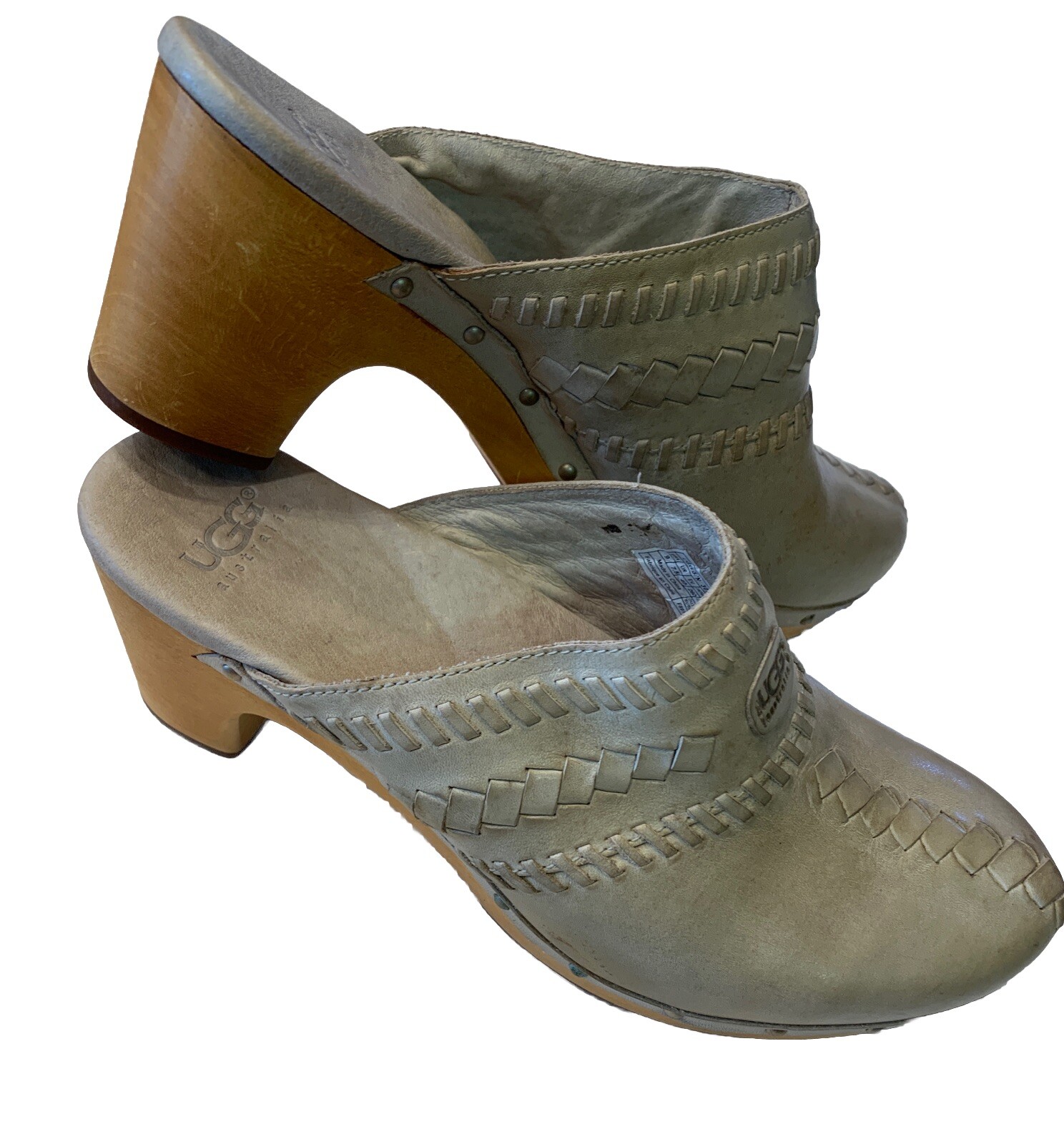 UGG Leather & Shearling Wool Wooden Studded Clogs Mul… - Gem