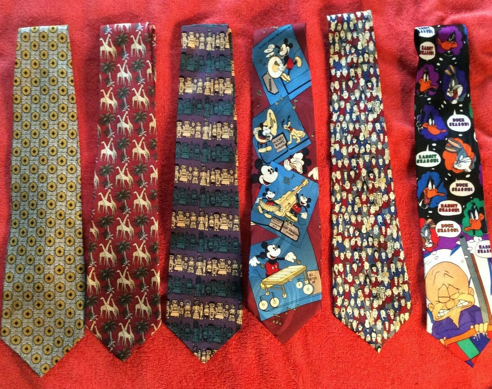LOT OF 6 ADULT TIES GIRAFFES LOONEY TUNES MICKEY MOUSE ROBOTS MALE ...