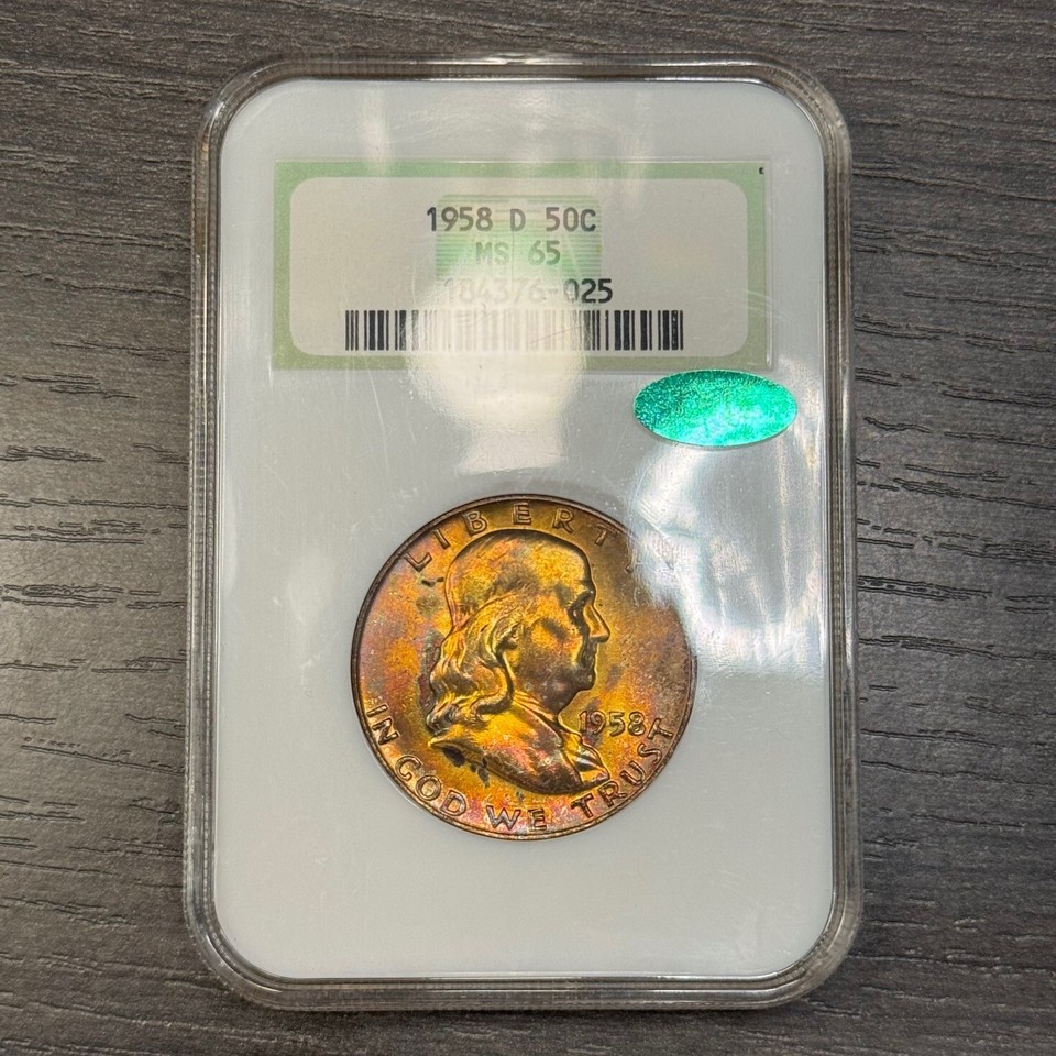 MS65 CAC 1958-D 50C Franklin Silver Half Dollar, NGC Fatty, VIVID ...