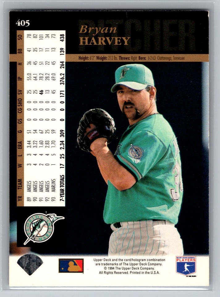 1994 Upper Deck Baseball #405 Bryan Harvey Florida Marlins | eBay