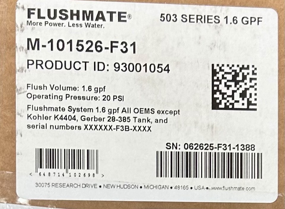 SLOAN FLUSHMATE M-101526-f31 503 Series 1.6 GPF System 37873930875| eBay