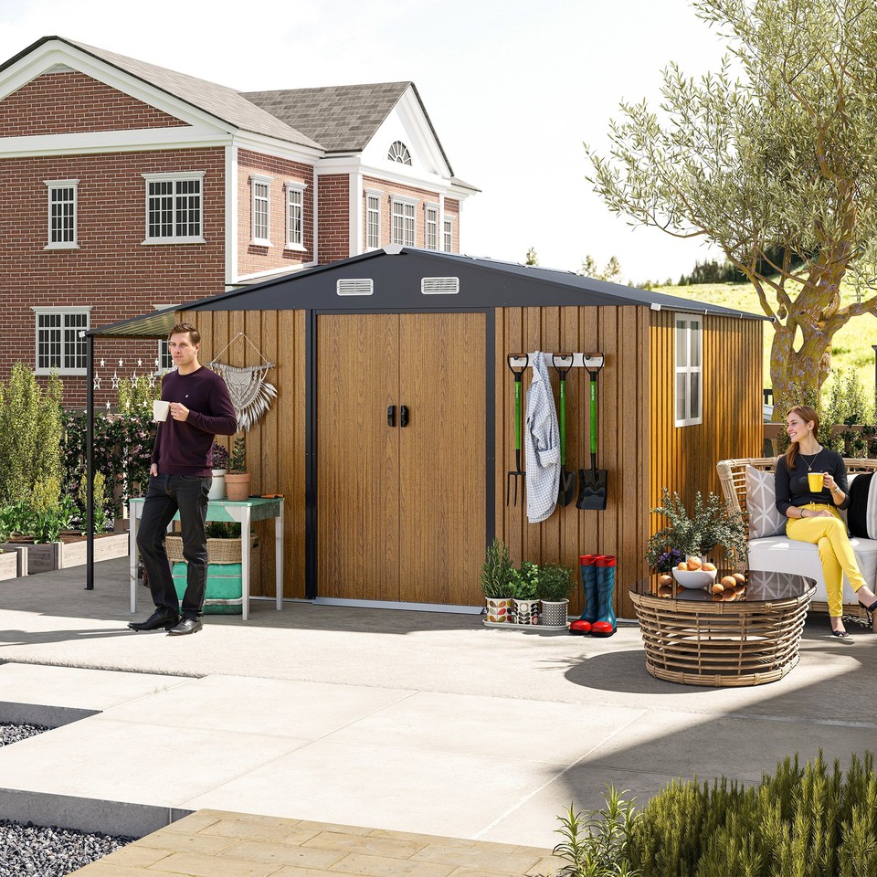 2-in-1 Outdoor Open-Sided Metal Storage Shed with Attached Hardtop ...