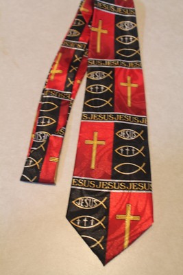 Neck Tie Religious New 100% Polyester Neck Tie Jesus Fish Cross's On A ...
