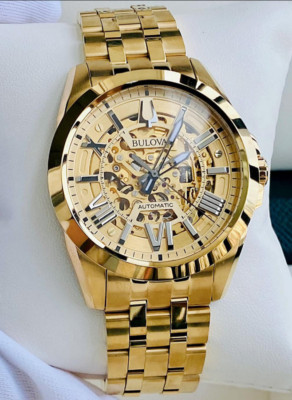 Bulova Sutton Automatic 97A162 Skeleton Dial Gold Tone Men's Watch | eBay