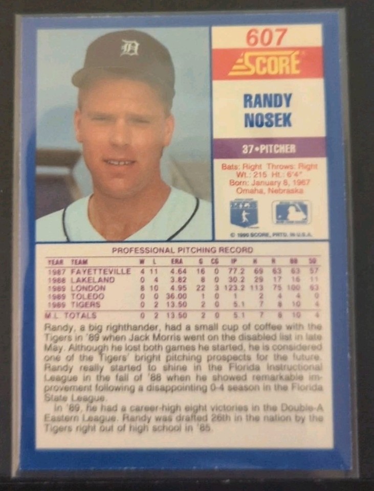 1990 SCORE #607 Randy Nosek 1990 Rookie Detroit Tigers | eBay