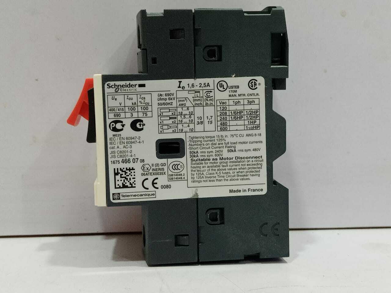 Schneider GV2ME07 Motor Circuit Breaker TeSys 034307 1.6-2.5A Ue 690V ...