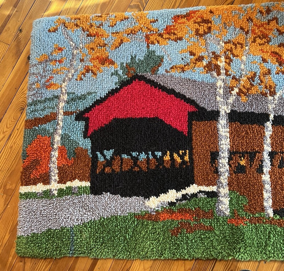 Vtg Shillcraft Latch Hook Rug Wall Art 36x59” Covered Bridge Complete ...