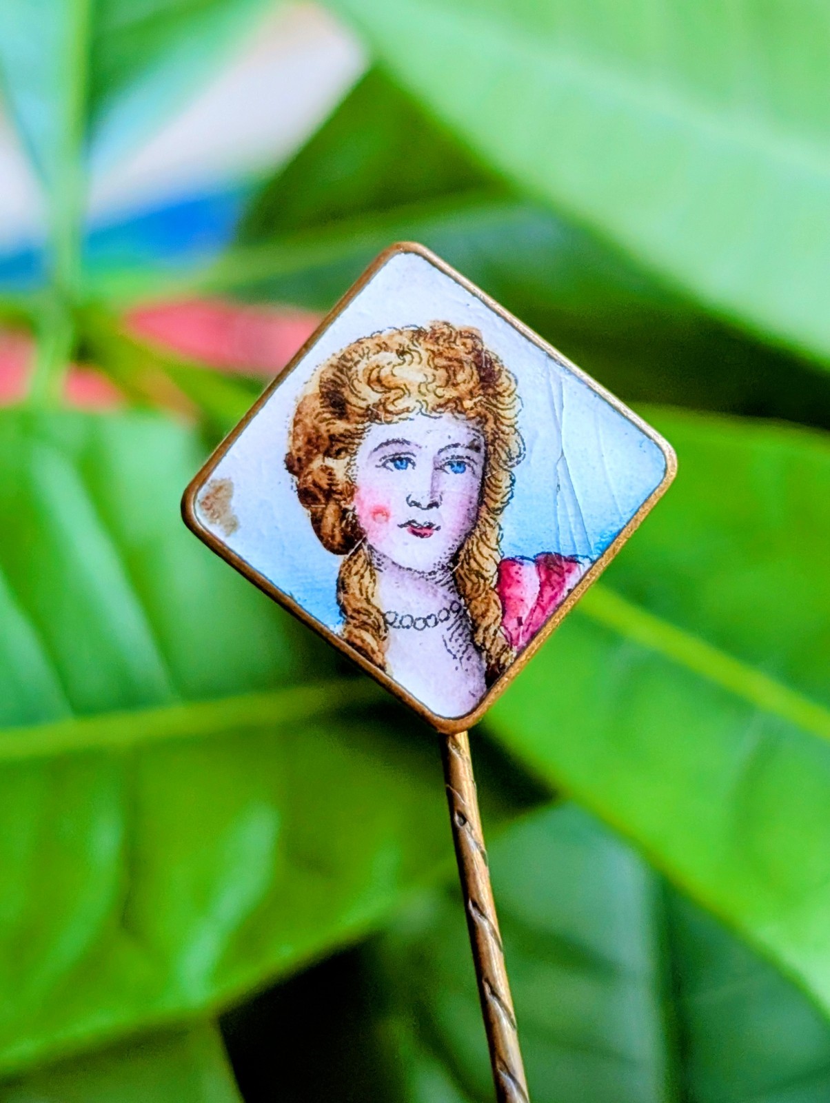 Antique Early 1900s Enamel Portrait Stick Pin Costume… - Gem