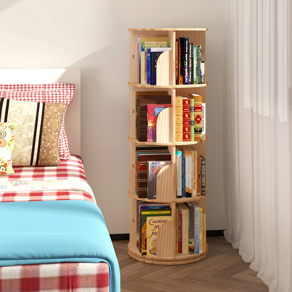 1-5 Tier Rotating Bookshelf 360°Solid Wood Spinning Bookshelf Revolving ...