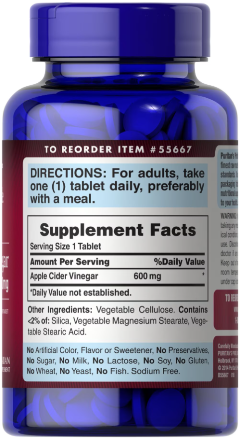 Puritan's Pride Apple Cider Vinegar 600mg x200 Tablets +Keto +Weight ...