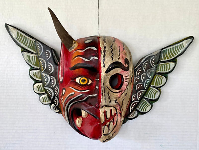 Mexican Folk Art Carved Wood Angel Devil Face Cacheton Bust Hang Wall ...