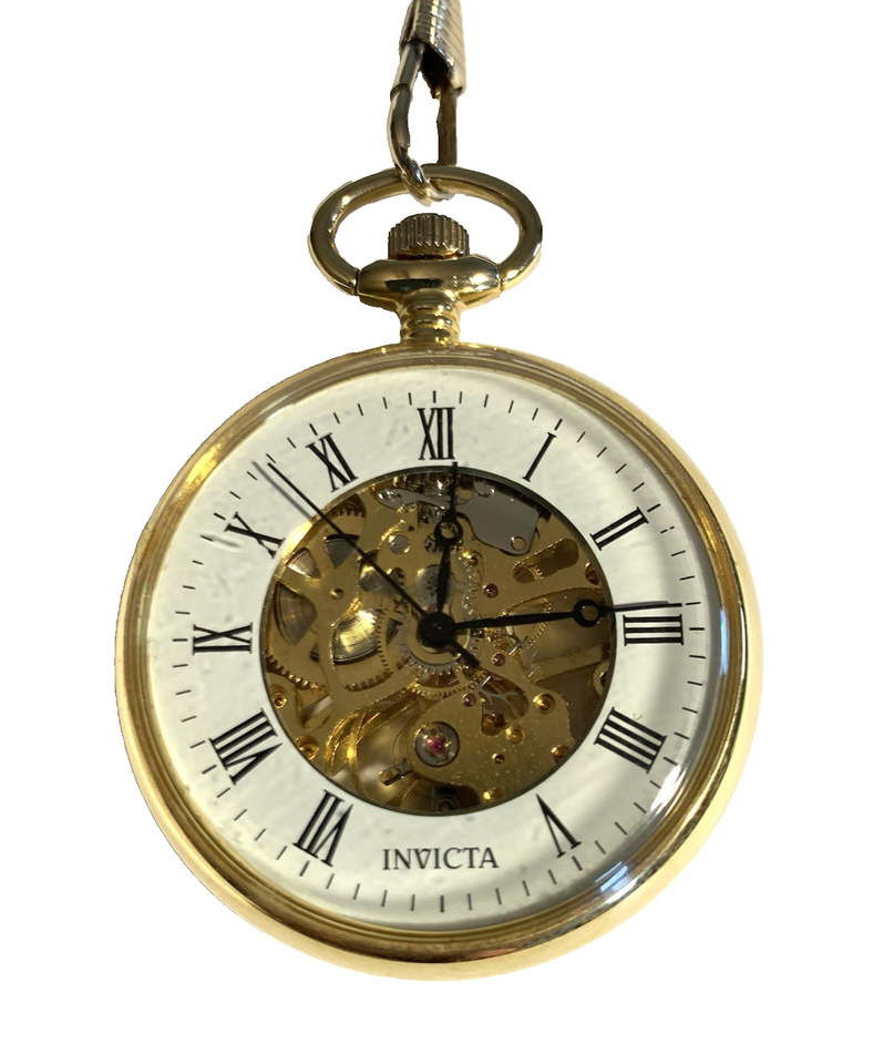 RARE VTG Invicta Skeleton Pocket Watch Automatic Men's Gold Tone Chain ...