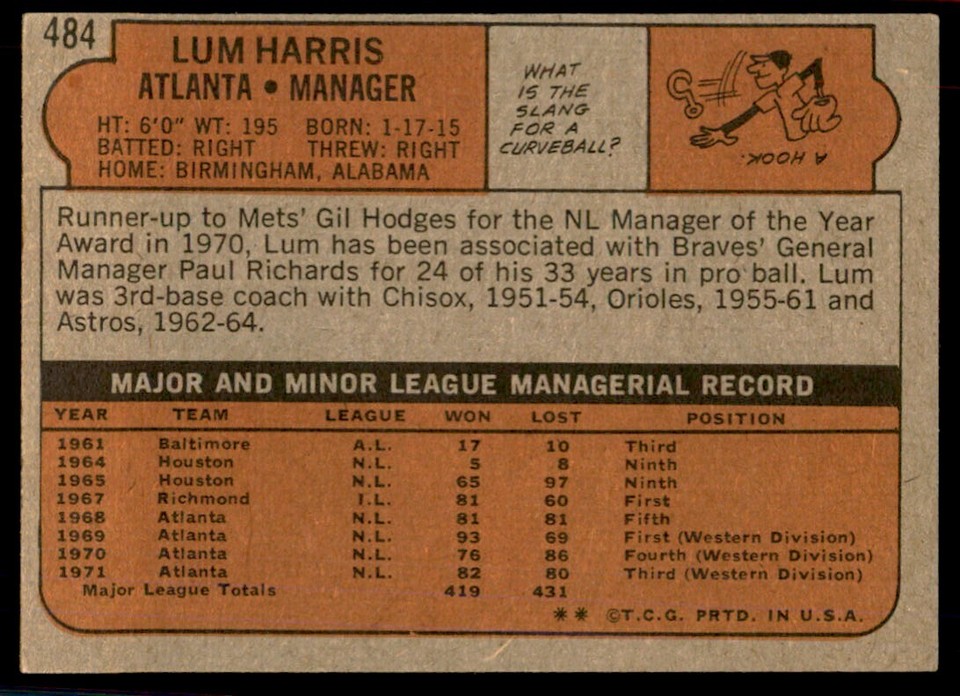 1972 Topps Lum Harris B Baseball Cards #484 | eBay