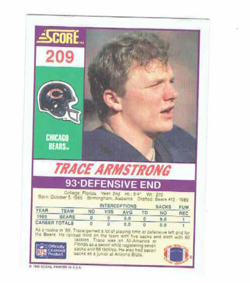 Trace Armstrong Bears #93 Defensive End #209 Score 1990 Football Card ...