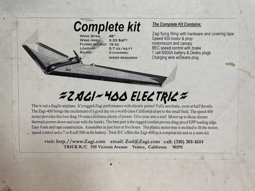VINTAGE TRICK RC ZAGI 400 ELECTRIC "COMPLETE KIT" RC MODEL AIRPLANE KIT ...