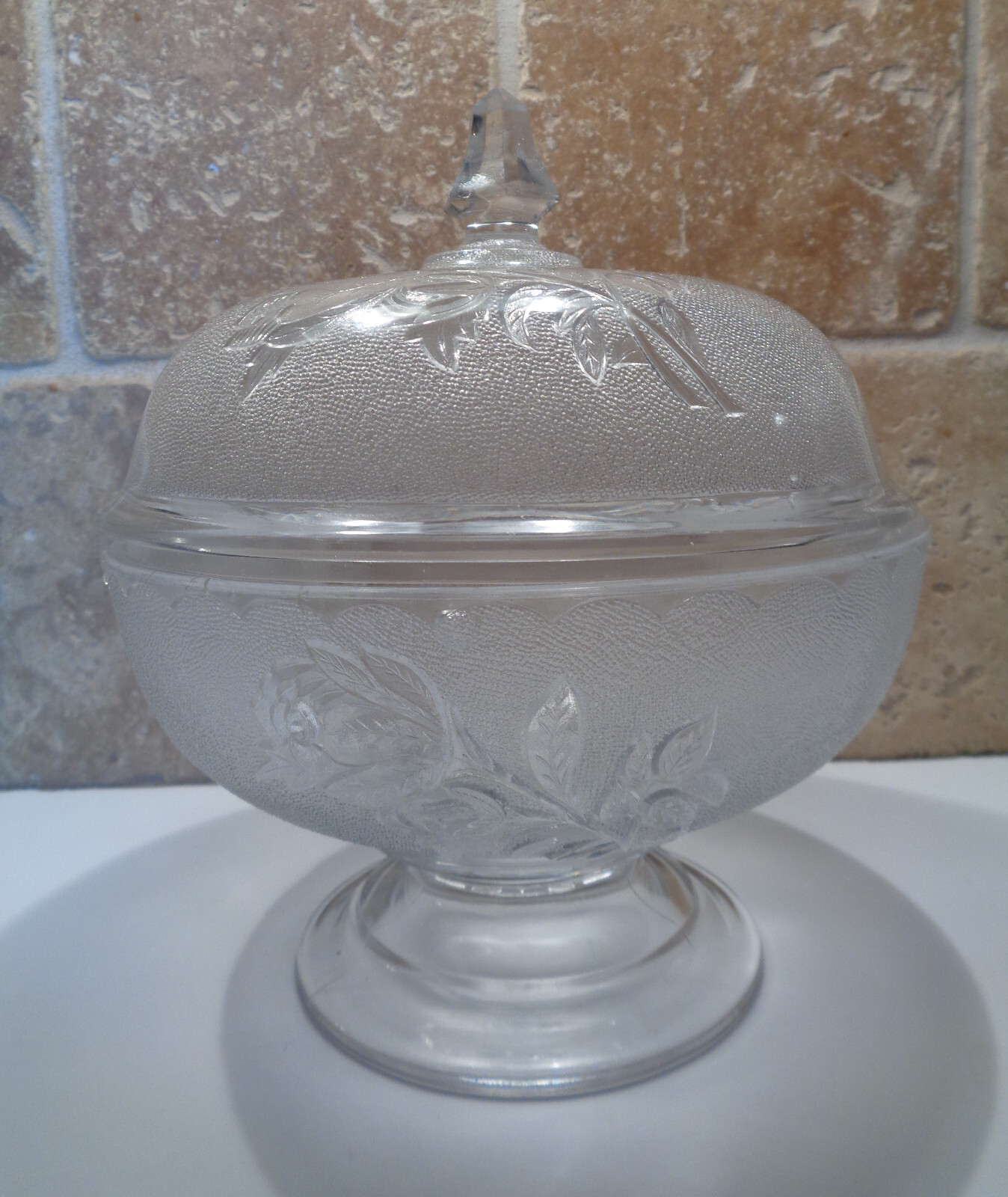 Antique EAPG Clear Pattern Glass ROSE IN SNOW Pedestal BOWL 7" with LID ...