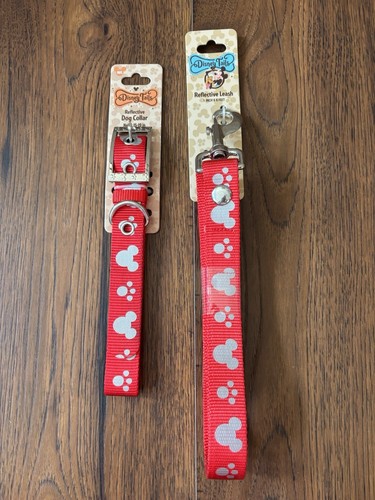 Disney Parks Tails Mickey Icon Red Reflective Dog Collar & Leash Size M ...