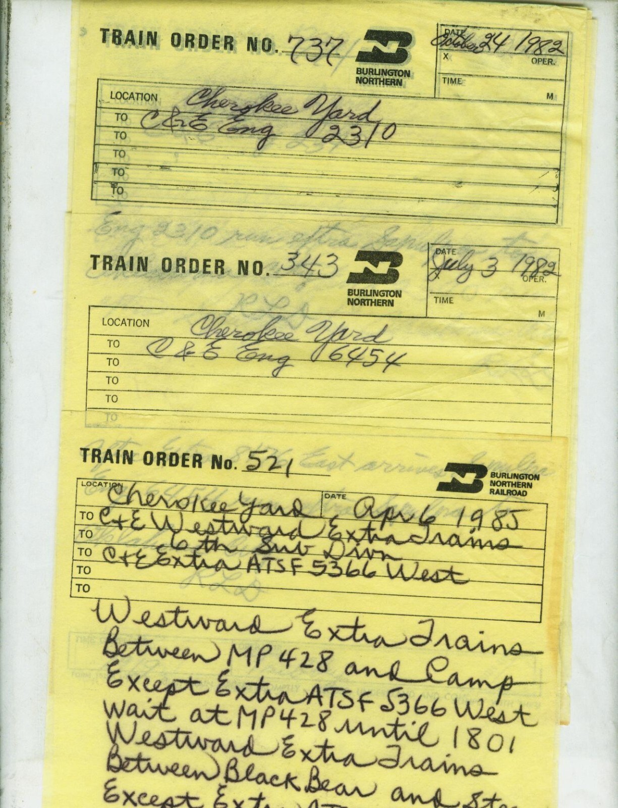 BURLINGTON NORTHERN RAILROAD TRAIN ORDERS (18) CHEROKEE YARD (TULSA ...