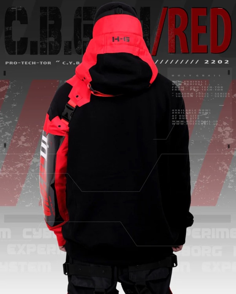 Men's Techwear Red Jacket Rugged fleece Pullover Hoodie Holygrail C.B.G ...