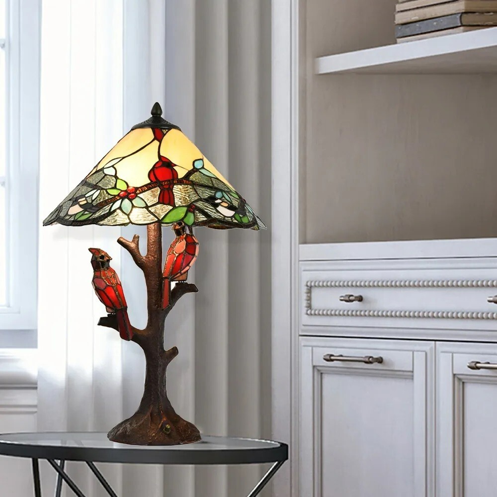 Cardinal Stained Glass Lamp Light Red Table Accent Bird Christmas ...