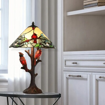 Cardinal Stained Glass Lamp Light Red Table Accent Bird Christmas ...