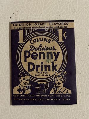 Vintage 1936 Collins' Delicious Penny Drink Package Grape Unopened NOS ...