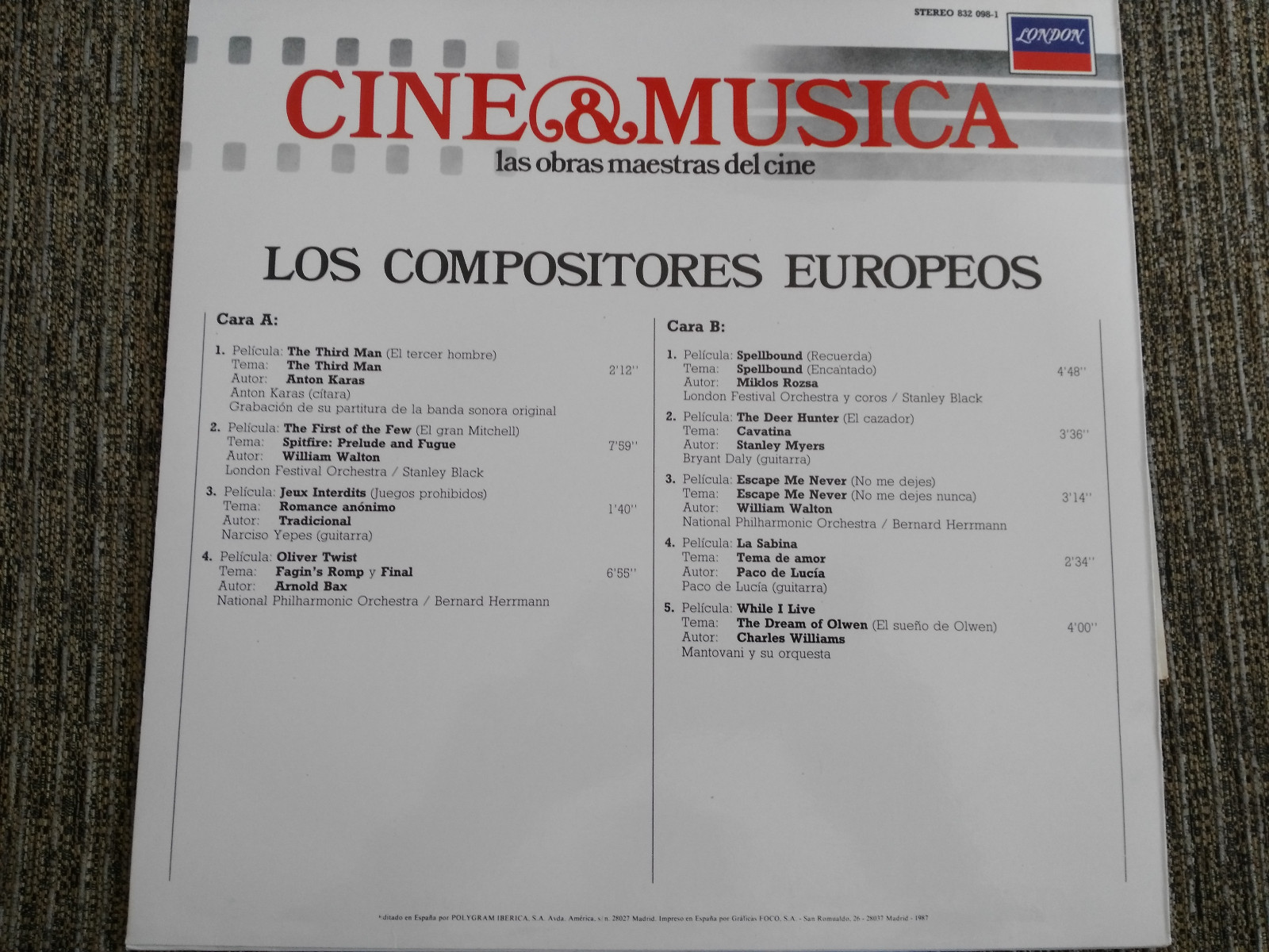 LOS COMPOSITORES EUROPEOS SOUNDTRACK LP VINYL 12" 1987 VG+/VG+ LONDON ...