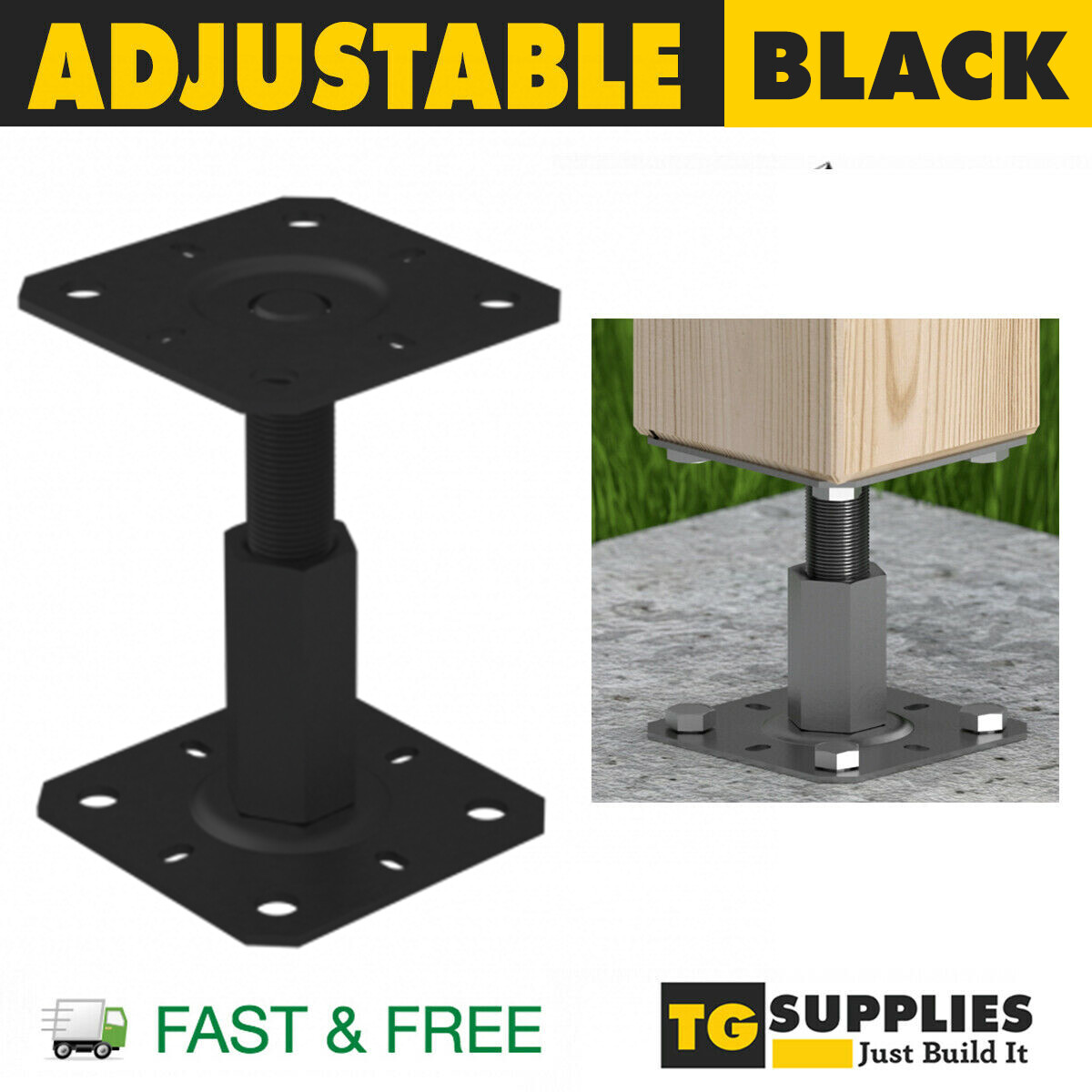 Black Heavy Duty Height Adjustable Elevated Post Base Support Pergola ...