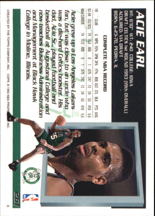 1994-95 Topps Boston Celtics Basketball Card #261 Acie Earl | eBay