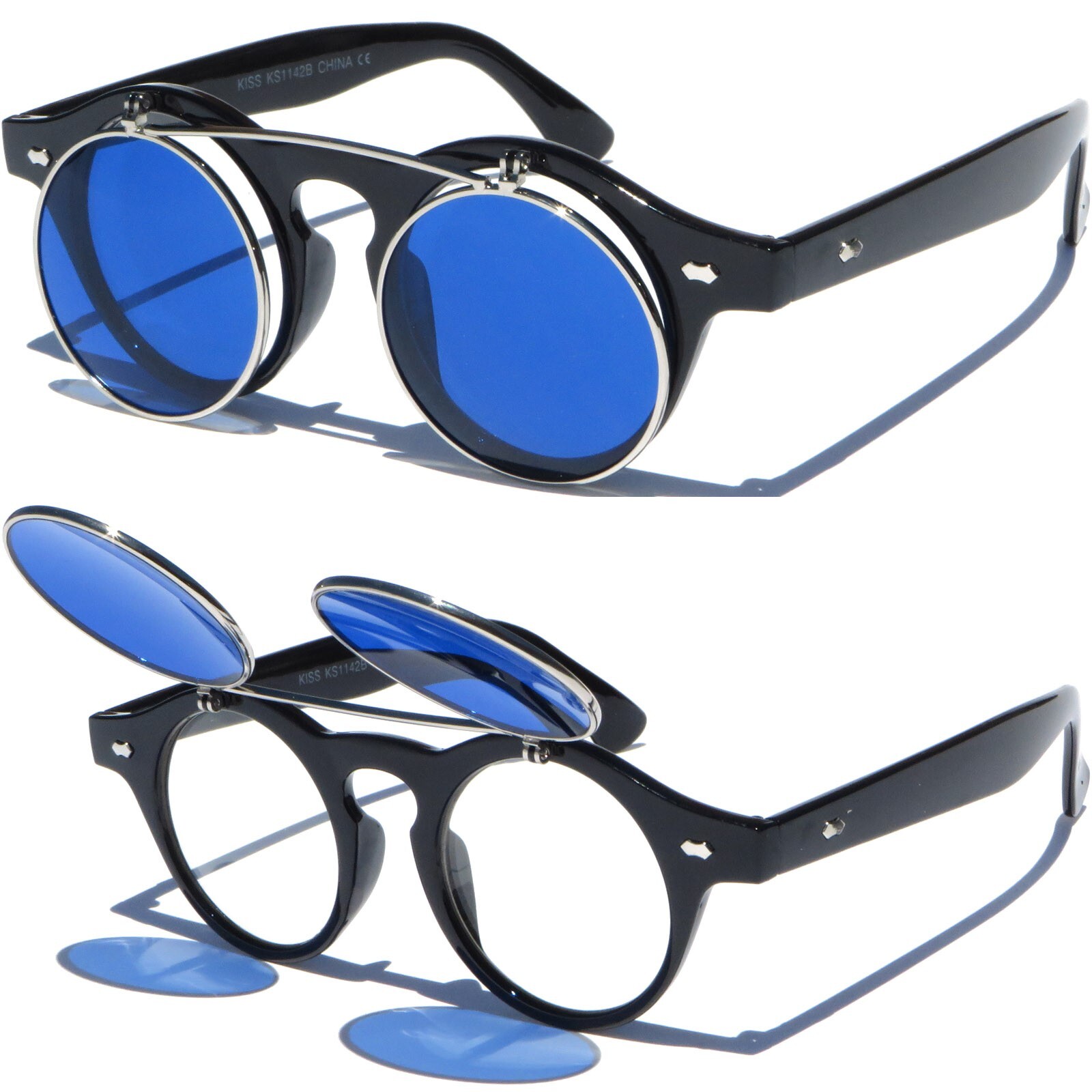 Flip Up Round Steampunk Retro Vintage Style Sunglasses Tinted and Clear ...