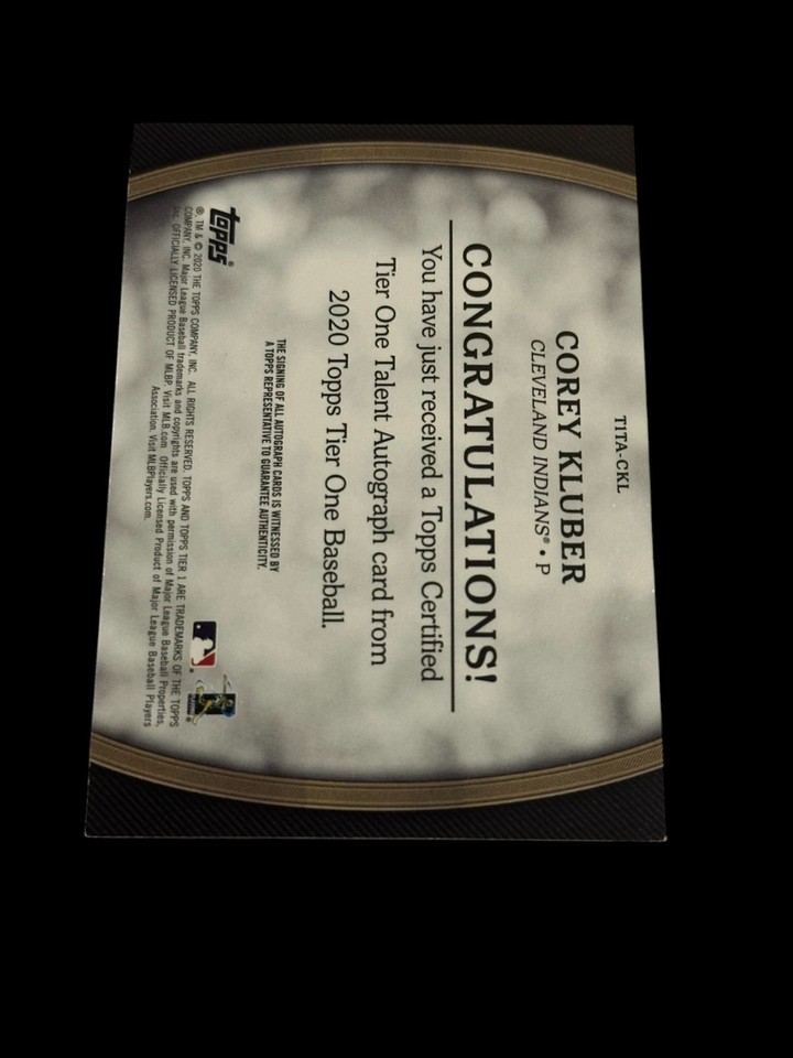 2020 Topps Tier One - Tier One Talent Autographs Corey Kluber #T1TA-CKL ...