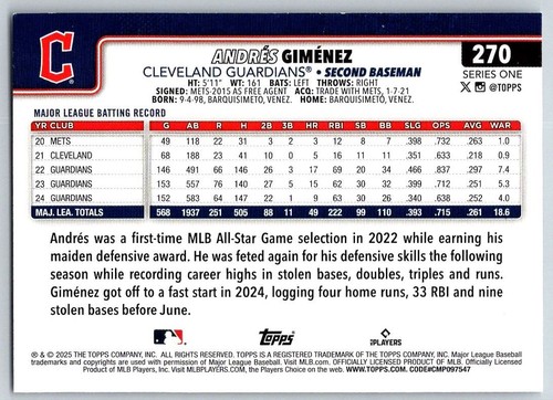2025 Topps Fanatics Exclusive Topps Logo ANDRES GIMENEZ #270 Guardians ...