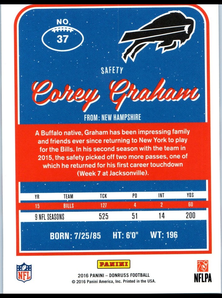 2016 Donruss #37 Corey Graham Near Mint | eBay