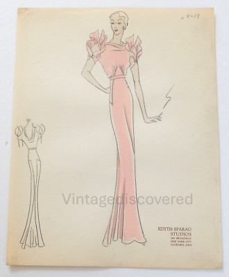 1930's Vintage Fashion Design Original Art Color Drawing Edyth Sparag ...