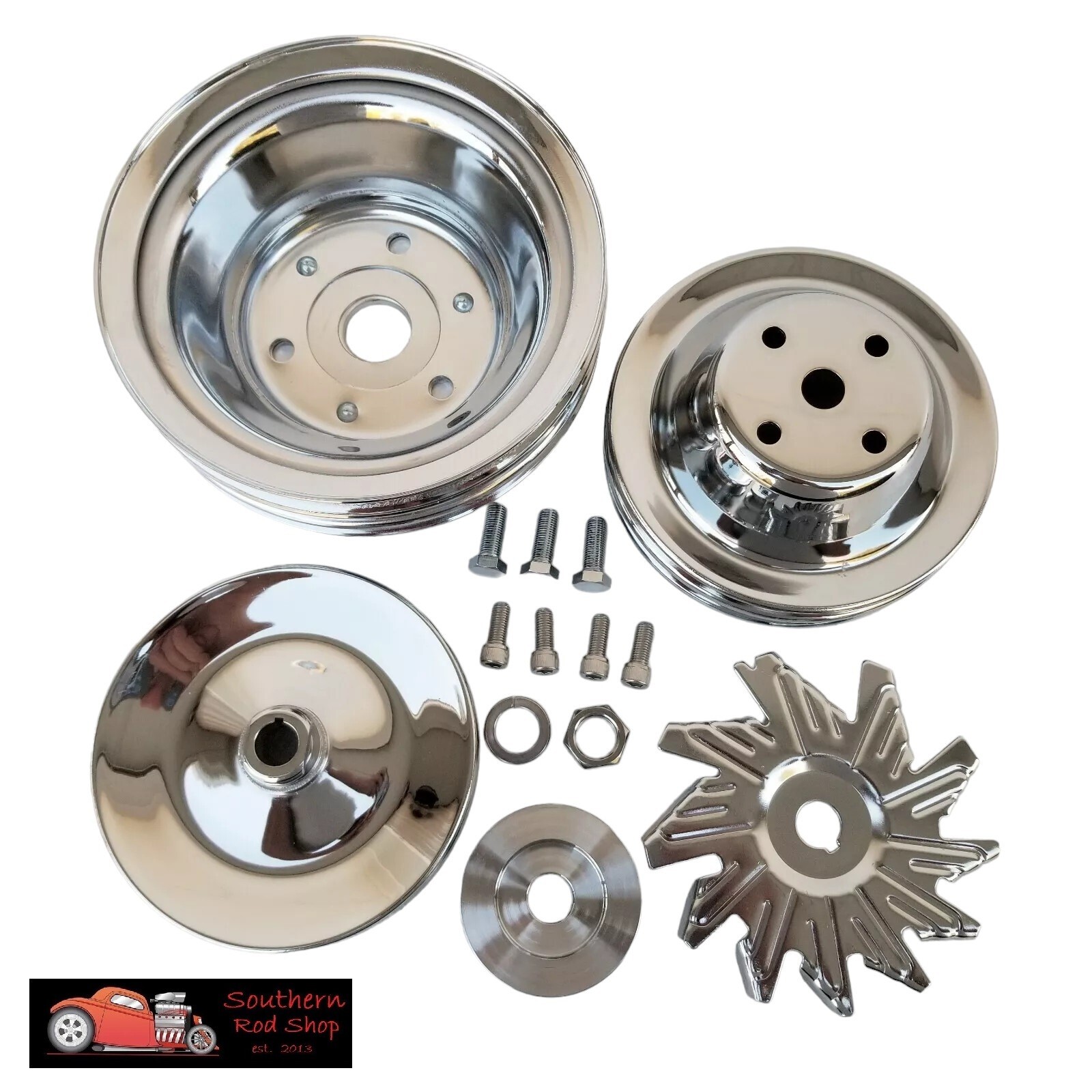 Small Block Chevy Chrome 3 Pulley Set SBC 2 3 Groove LONG pump 305 327 ...
