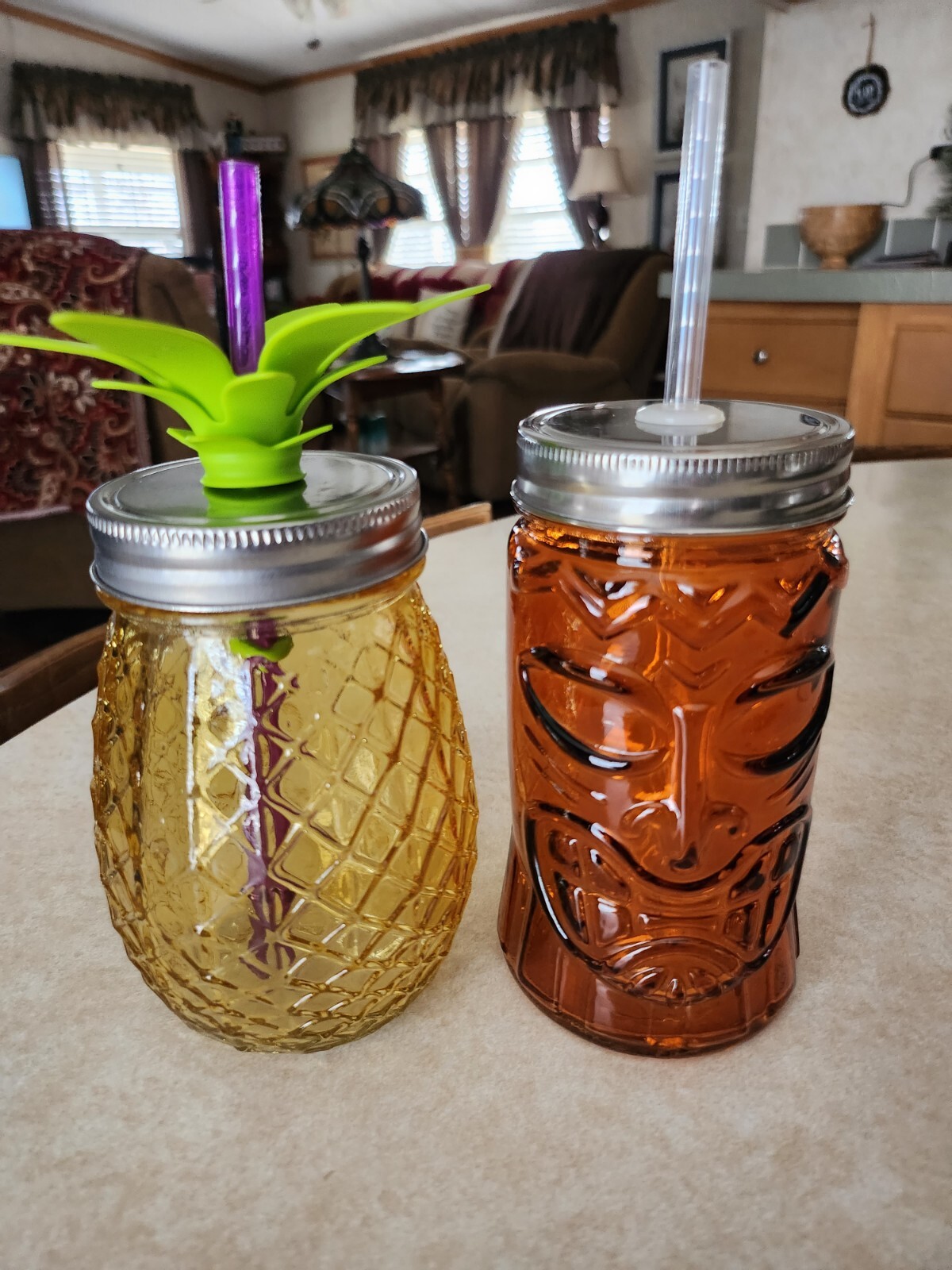 Tiki Head and Pineapple Mason Jars with Straws - Aloha Hawaiian Party ...