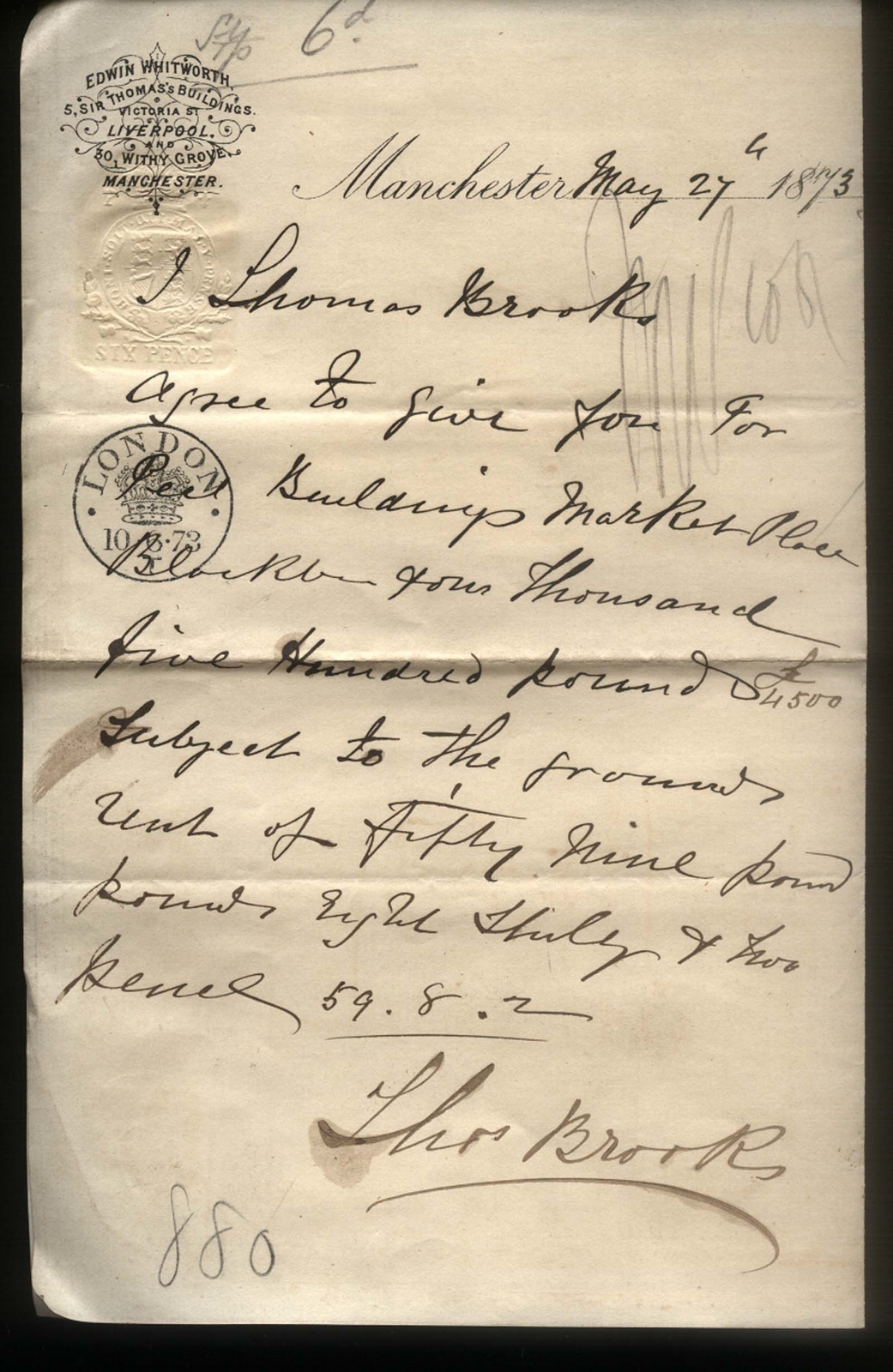 1873 MANCHESTER, EDWIN WHITWORTH, 30 WITHY GROVE, LETTER, THOS. BROOKS ...