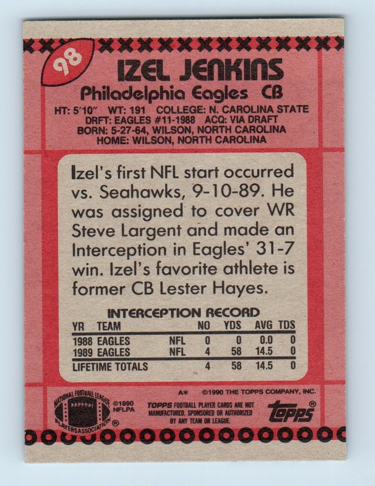 1990 Topps Izel Jenkins Philadelphia Eagles #98 | eBay